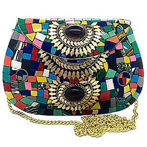 Antique Indian art Handmade Multi color Stone mosaic metal bag Women/Girls Bridal metal clutch party sling bag