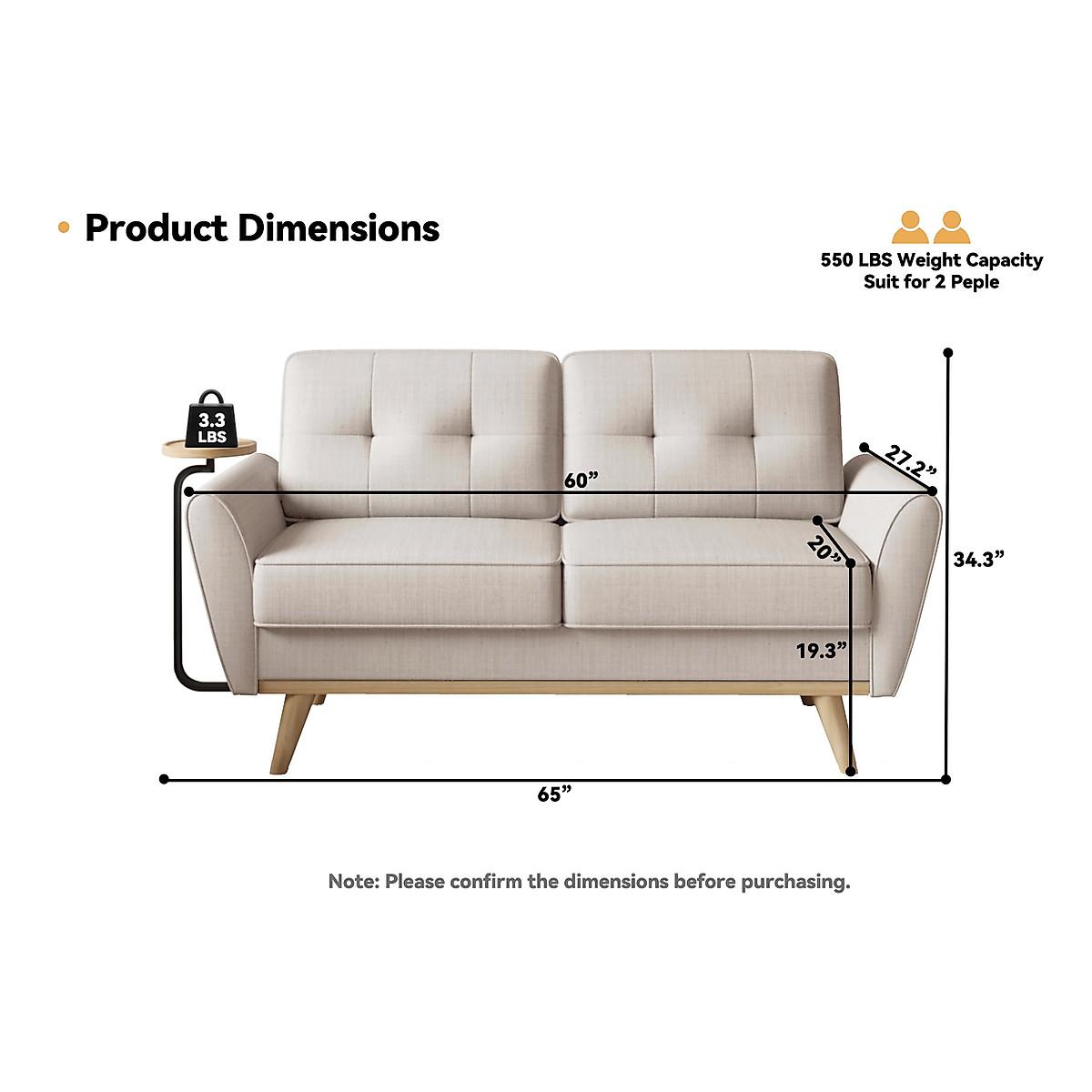 Brelice Loveseat Sofa, Mid Century Modern Decor Love Seat Couch with Solid Wood, Convertible Wooden Tray Living Room Furniture, Button Tufted Upholstered 2 Seat Couches for Bedroom, Apartment, Beige