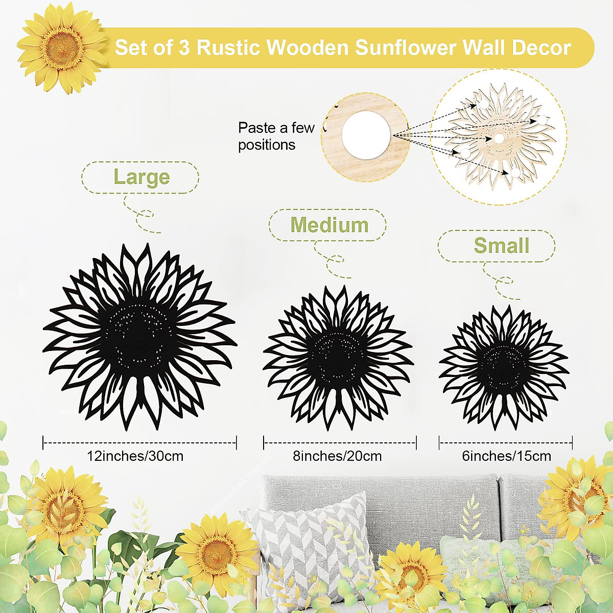 Sunflower Wall Decors Set of 3 Wood Room Wall Decor Rustic Sunflowers Petal Sign Hanging Wall Art Bedroom Bathroom Living Room Wall Decors Geometric Sculpture for Home Garden Outdoor 6 8 12 Inches