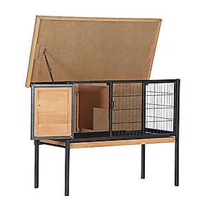 PawHut Rabbit Hutch Elevated Bunny Cage Small Animal Habitat with Metal Frame, No Leak Tray, Mtetal Wire Pan and Openable Water-Resistant Asphalt Roof for Indoor/Outdoor Natural Wood