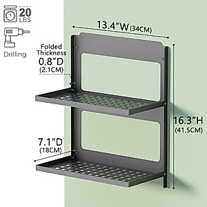 SKIKEN 2-Tier Folding Metal Shelf Wall Mounted | Small Foldable Wall Shelf | Dorp Down | Combined Stackable | Small Combined Floating Shelf for Laundry Room Bathroom Utility RV | 13.4" (Black)
