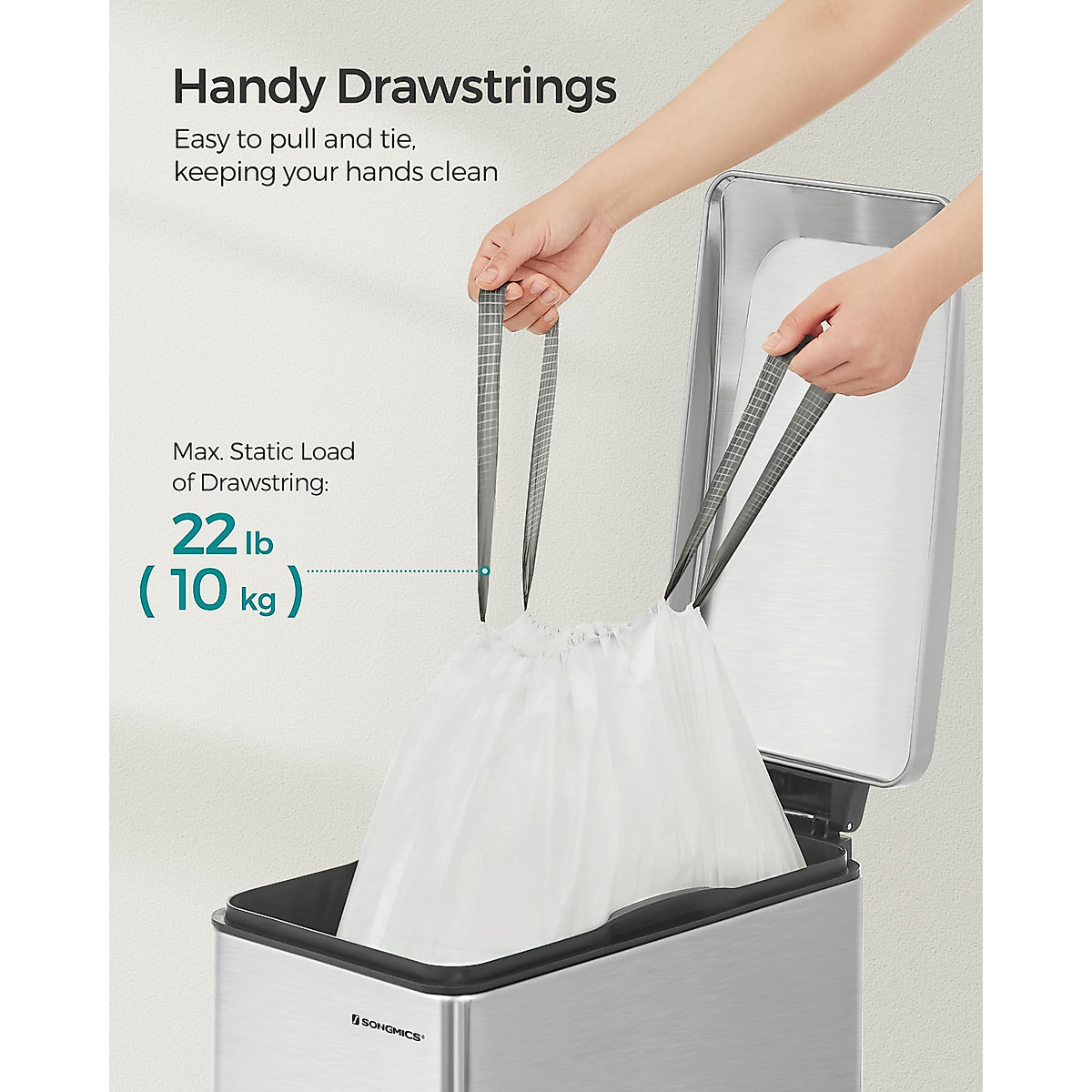 SONGMICS Trash Bags for 12-14.5 Gallon (45-55L) Trash Cans,80 Count Drawstring Kitchen Garbage Bags, Pre-Separated, Liner Code 055A01, 2 Rolls,White UKRB055A02
