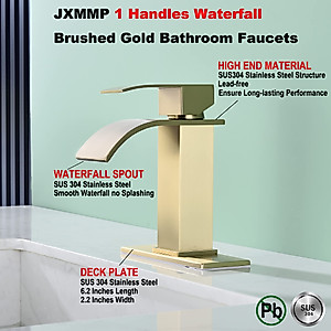 JXMMP Waterfall Faucet for Bathroom Sink, Single Hole Bathroom Faucet Brushed Gold with Pop Up Drains and Deck Plate for 3 Hole Installation JXM122BG