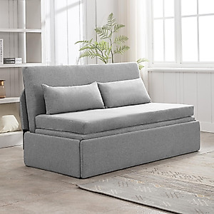 CECER Queen Size Pull Out Sofa Bed, Pull Out Couch Bed with 2 Pillows, Linen Convertible Sleeper Sofa with Foldable Mattress, 2 in 1 Armless Sleeper Sofa for Living Room (Light Grey)