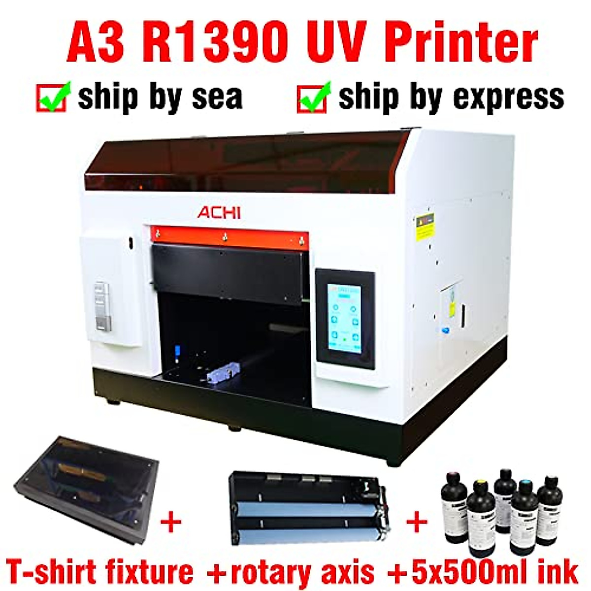 Ovsuqu Automatic UV Printer A3 R1390 UV Printer Flatbed for Wood, Fabrics,Leather, Bottle,Metal,Golf, Phone case and More Printing (A3 UV Printer with 5x500ML Ink)