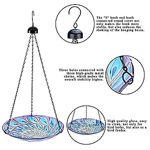 VCUTEKA Hanging Bird Baths Outdoor Glass Peacock Birdbath Birdfeeder for Garden Yard Decoration