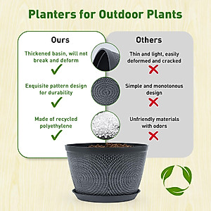 Quarut 10 Inch Flower Pots Planters for Outdoor Indoor, 3 Pack Plastic Plant Pots with Drainage Hole & Tray, Modern Decorative Garden Pot with Saucer, planters for House (Gray)