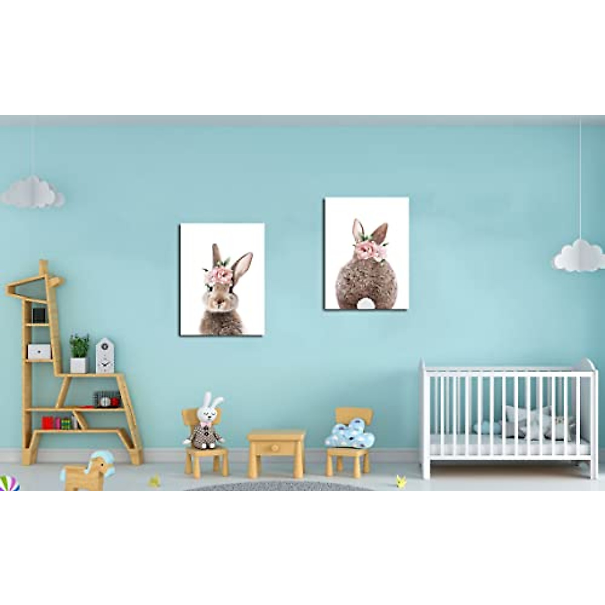 Girls Nursery Wall Art Bunny Rabbit with Pink Flower Crown Canvas Print Wall Decor Woodland Animal Posters Kids Room Set of 2 Bedroom Deccoration Framed Wall Art