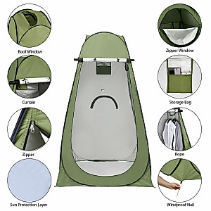 Pop Up Privacy Shower Tent, Portable Outdoor Camping Bathroom Toilet Tent, Extra Tall Privacy Shelters Room, Spacious Changing Room for Hiking Beach, Lightweight & Sturdy, Foldable, Green
