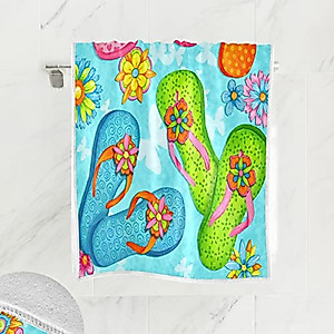 Summer Turquoise Hand Bath Towel Flip Flops Fingertip Towel Sunflower Flowers Butterfly Kitchen Bathroom Towel Set Highly Absorbent SPA Gym Guest towels 16x30 Inch