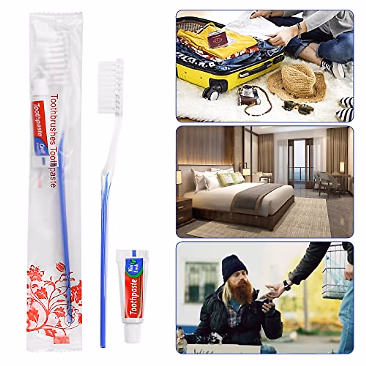 Travel Toothbrushes Kit,50Pcs Travel Toothbrush Set Disposable Toothbrushes with Toothpaste for Nursing Home,Hotel,Charity(Individually Wrapped)