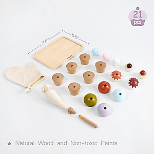 Pillowhale Wooden Cupcakes Toy,Kids Kitchen Playset,Pretend Play Food with Menu,Birthday Cake Toy for Toddlers Boys Girls Ages 3+