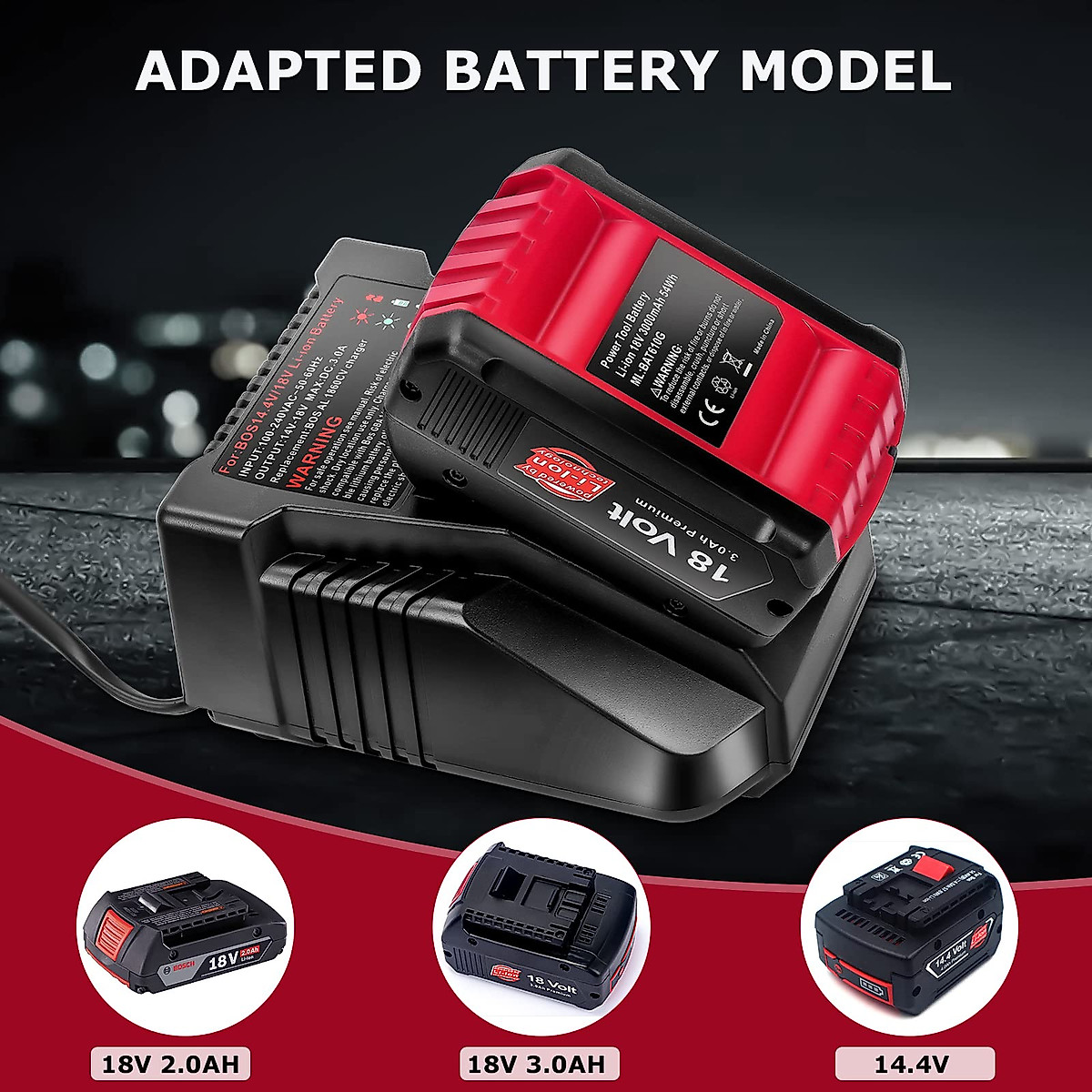 BC660 Li-ion Charger for Bosch SKC181-02 BC1880 BC630 BAT609G BAT618 2607336236 Electrical Drill 14.4V- 18V 1018K Replacement Battery (US Plug)