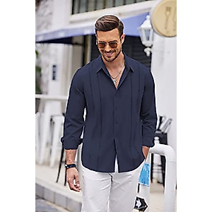 COOFANDY Men's Cuban Guayabera Shirts Casual Long Sleeve Button Down Shirt Summer Beach Tops Navy Blue