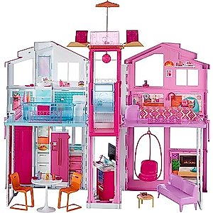 Barbie Doll House, 3-Story Townhouse with 4 Rooms & Rooftop Lounge, Furniture & Accessories Including Swinging Chair (Amazon Exclusive)