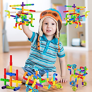 burgkidz STEM Learning Pipe Tube Toy, Sensory Toys, Tube Locks Construction Building Blocks, Educational STEM Building Learning Toys with Wheels Baseplate for All Ages Kids Boys Girls, 188 Pcs