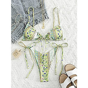 WDIRARA Women's Floral Print Tie Side Swimwear Straps Bikini Sets Swimsuits Green S