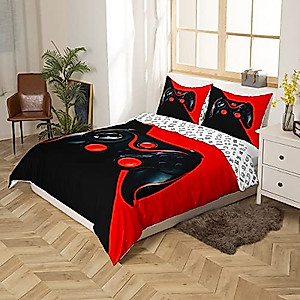 Games Duvet Cover Boys Kids Gamepad Bedding Set Video Game Controller Room Decor Comforter Cover for Teen Girls Player Modern Gamer Console Bedding,1 Duvet Cover with 2 Pillow Cases,Full,Black Red