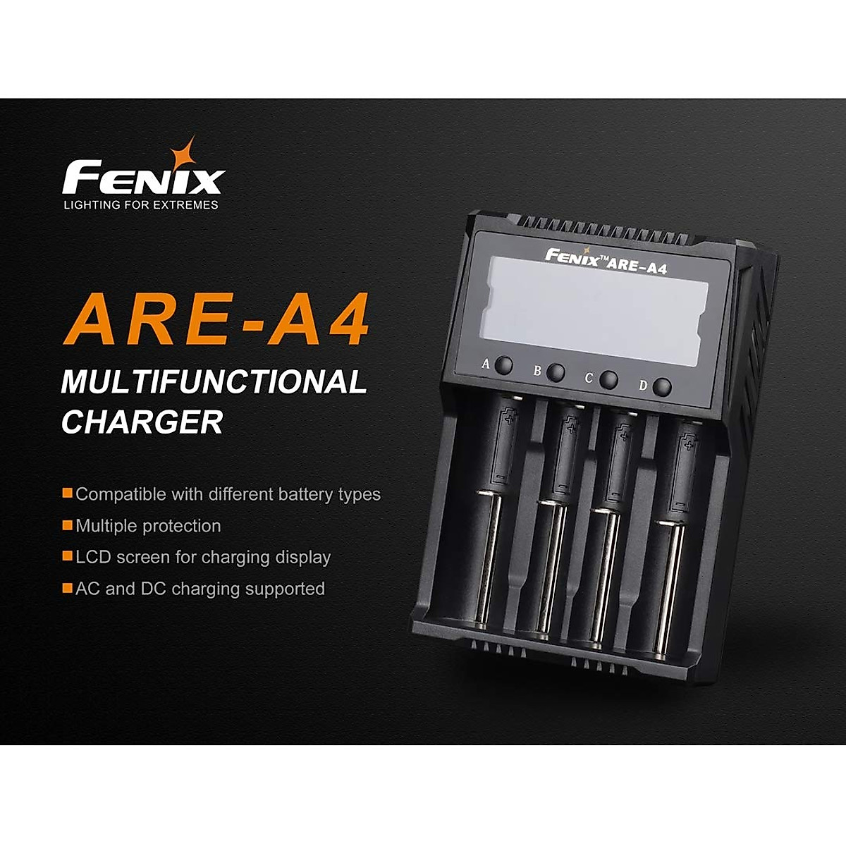 FENIX are-A4 Multifunctional Smart Battery Charger for Popular Rechargeable Batteries (18650, 21700, 16340) with LumenTac Battery Organizer
