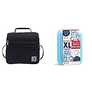 Carhartt Deluxe Dual Compartment Insulated Cooler Bag, Black & Fit & Fresh XL Cool Freezer Slim Ice Pack for Lunch Box, Set of 4, Large, Blue