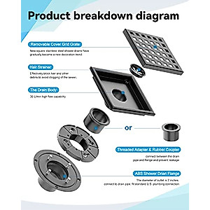Black Shower Drain 4 Inch with Flange CUPC Certified- Made of 304 Stainless Steel, Square Shower Drain Includes Removable Cover Grid Grate,Thread Adapter, Shower Drain