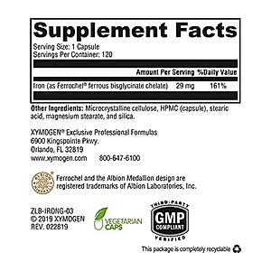 XYMOGEN Iron Glycinate - Gentle, Highly Absorbable Iron Supplement for Women + Men - 29mg Patented Iron Bisglycinate Chelate Supports Healthy Ferritin and Hemoglobin Levels (120 Iron Capsules)