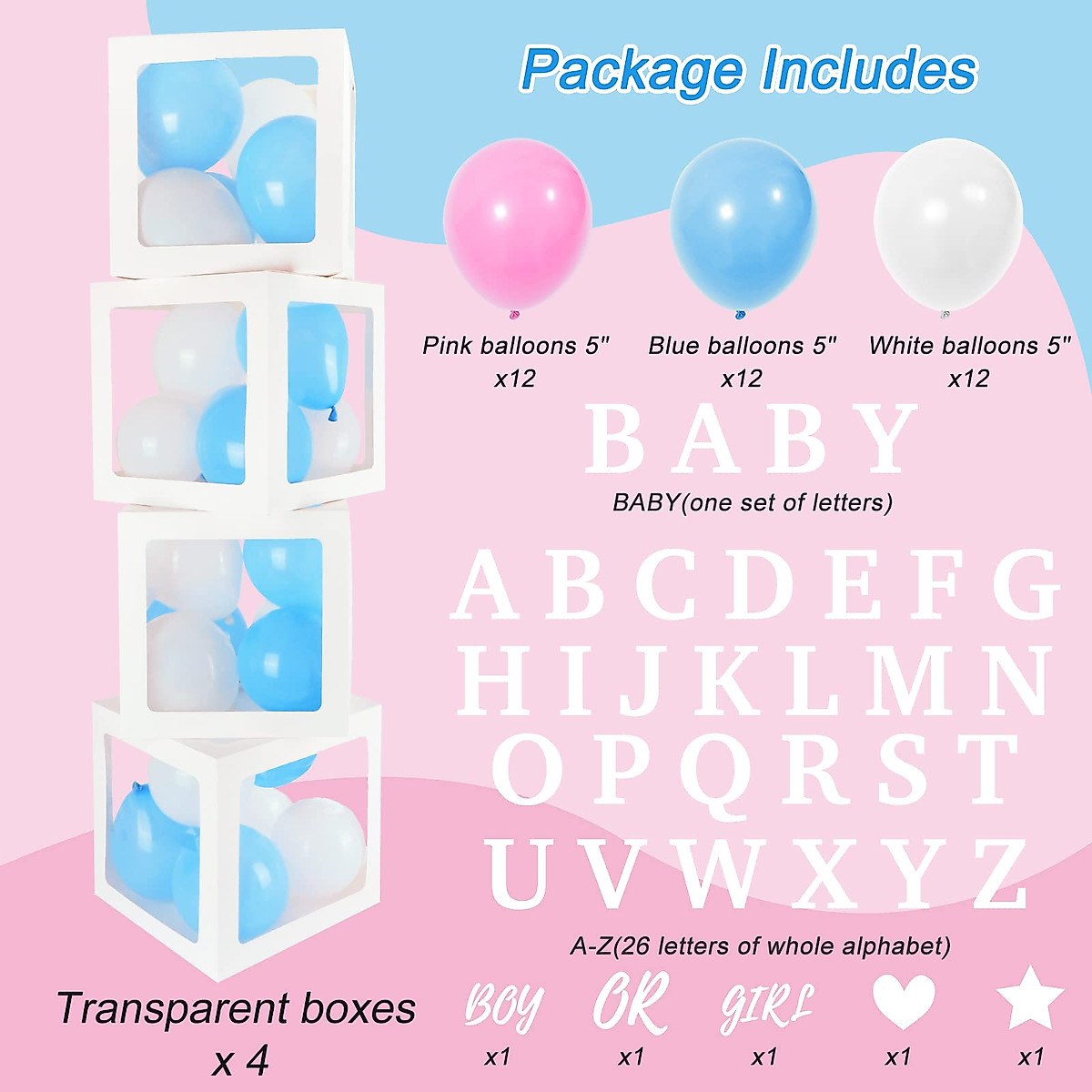 RUBFAC Baby Boxes with 41 Letters and 36 Balloons, 4pcs Clear Balloon Boxes for Baby Shower Gender Reveal Girl Boy Blocks Birthday Party Decorations