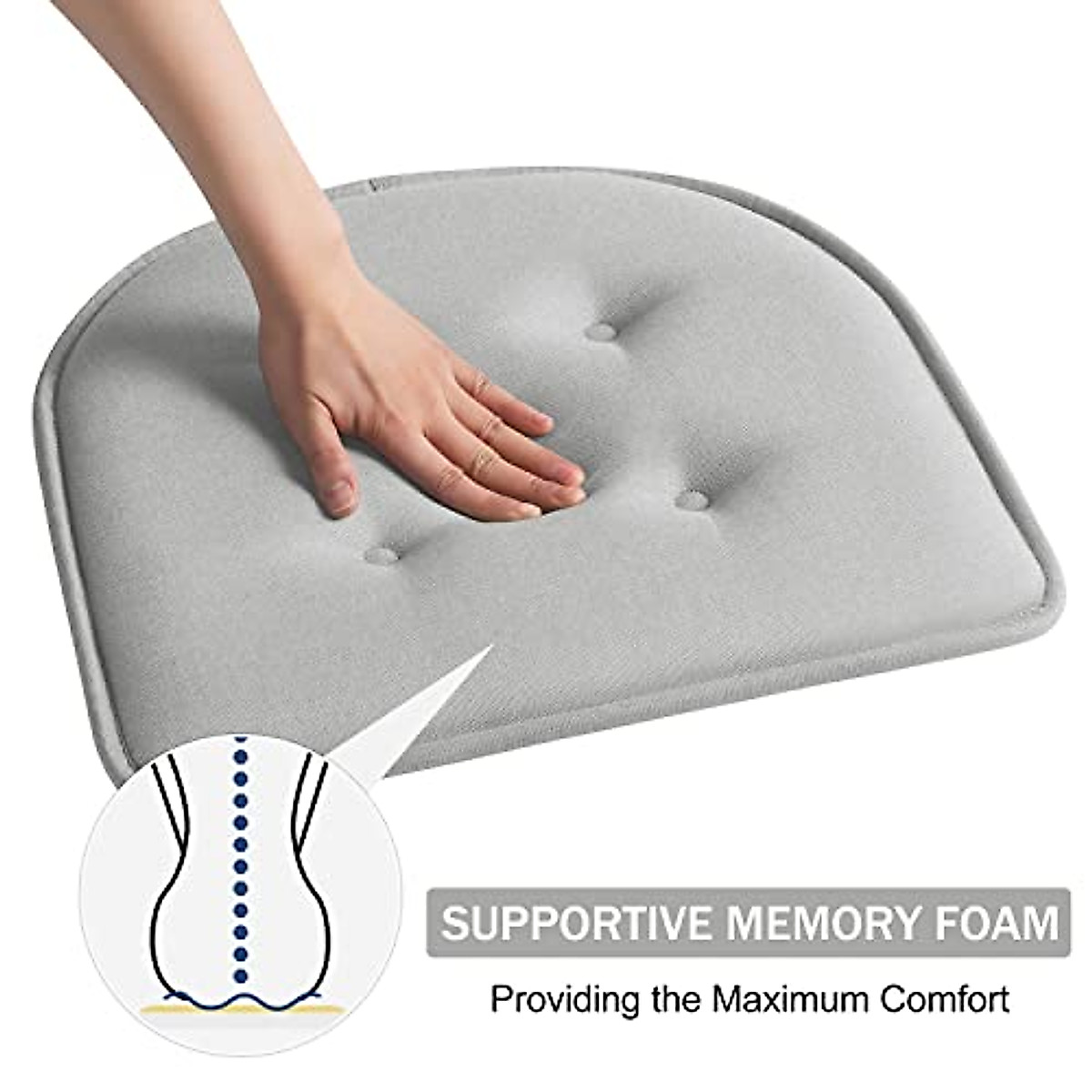 downluxe Indoor Chair Cushions for Dining Chairs, Tufted Soft and Comfortable Memory Foam Kitchen Chair Pads with Non-Slip Bottom for Dining Room and Office, 17" x 16" x 1.5", Light Grey, 6 Pack