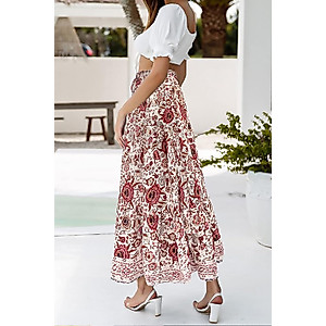 ZESICA Women's 2025 Summer Bohemian Floral Printed Elastic Waist A Line Maxi Skirt with Pockets,Floral White,Medium
