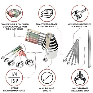 CuttleLab 22-Piece Stainless Steel Measuring Cups and Spoons Set, Tad Dash Pinch Smidgen Drop Mini Measuring Spoons, Measuring Stick Leveler, Measurement Conversion Chart Fridge Magnet, (Country Chic)