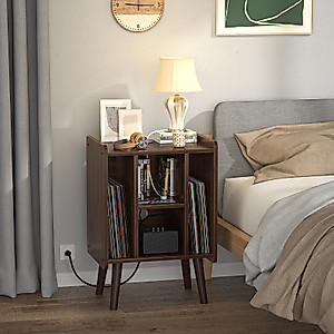 Unikito Record Player Stand, Vinyl Turntable Stand with Power Outlet and USB Charging Port, Sturdy Record Display Table with Storage, Mid Century End Table, Turntable Nightstand, Walnut
