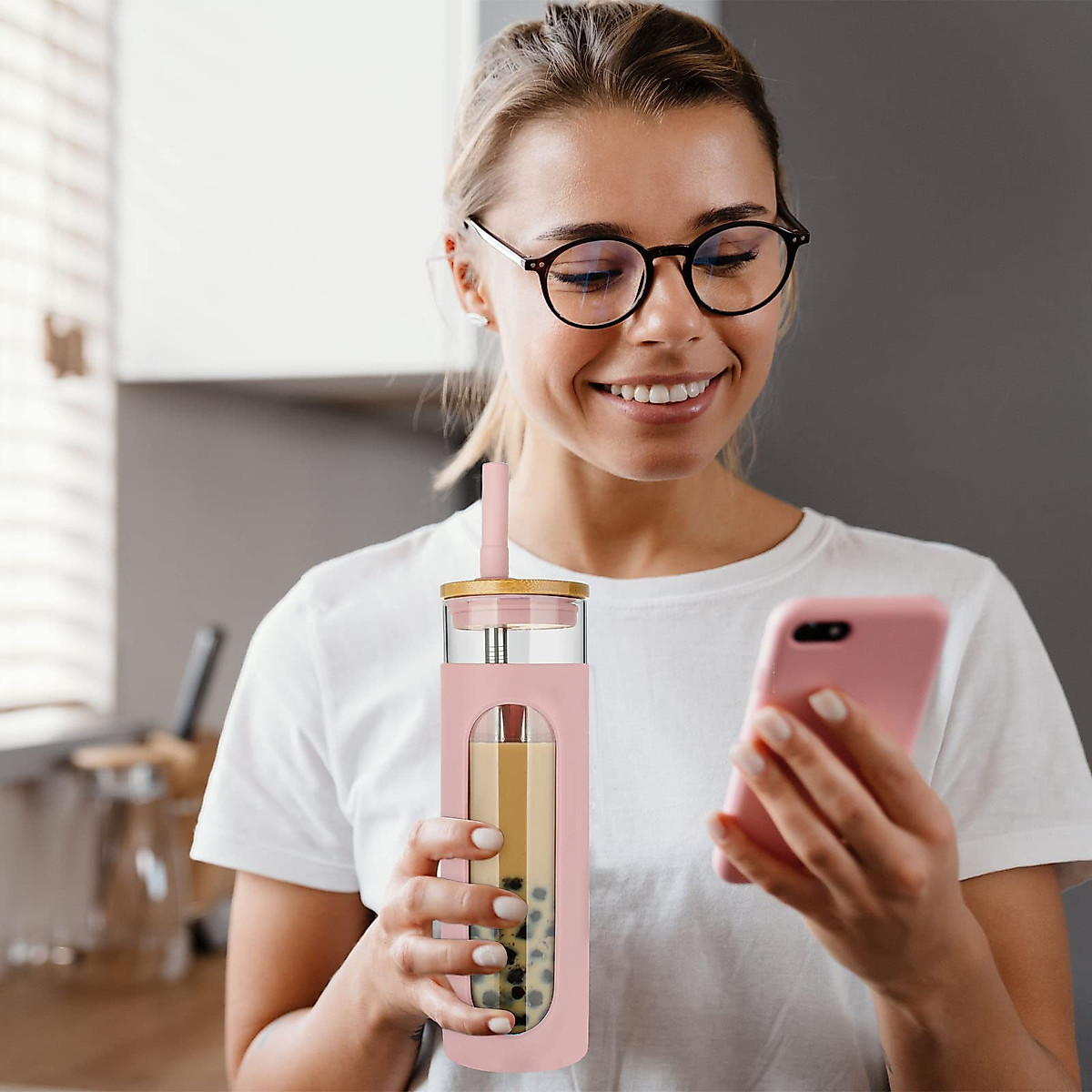 Tronco 26oz Glass Tumbler with Bamboo Lid and Straw, Glass Cup For Boba,Iced Coffee,Smoothie, Spill Proof Glass Water Bottle With Silicone Protective Sleeve, Dishwasher Safe,BPA Free