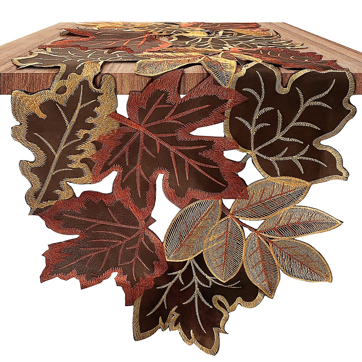 Fall Thanksgiving Table Runner with Embroidered Maple Leaves, Farmhouse Fall Thanksgiving Table Harvest Decor (13.7 × 86.6 inches)