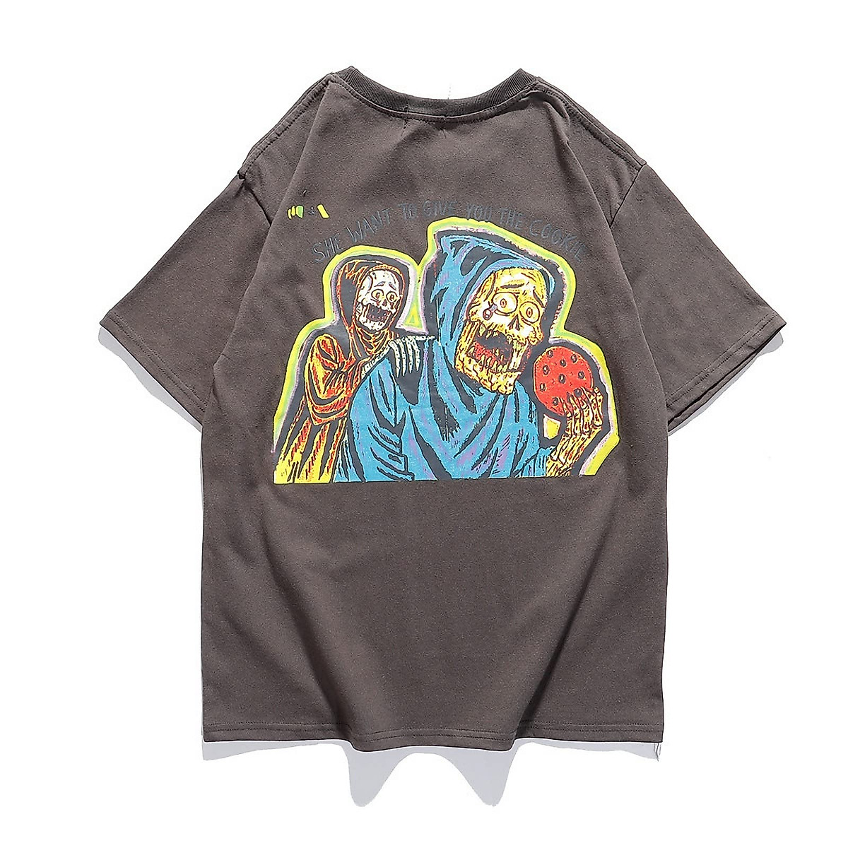 PLOZMCTA Kanye Shirt Men's and Women's Hip Hop Street Skull Print Cotton Short Sleeve Large Dark Grey