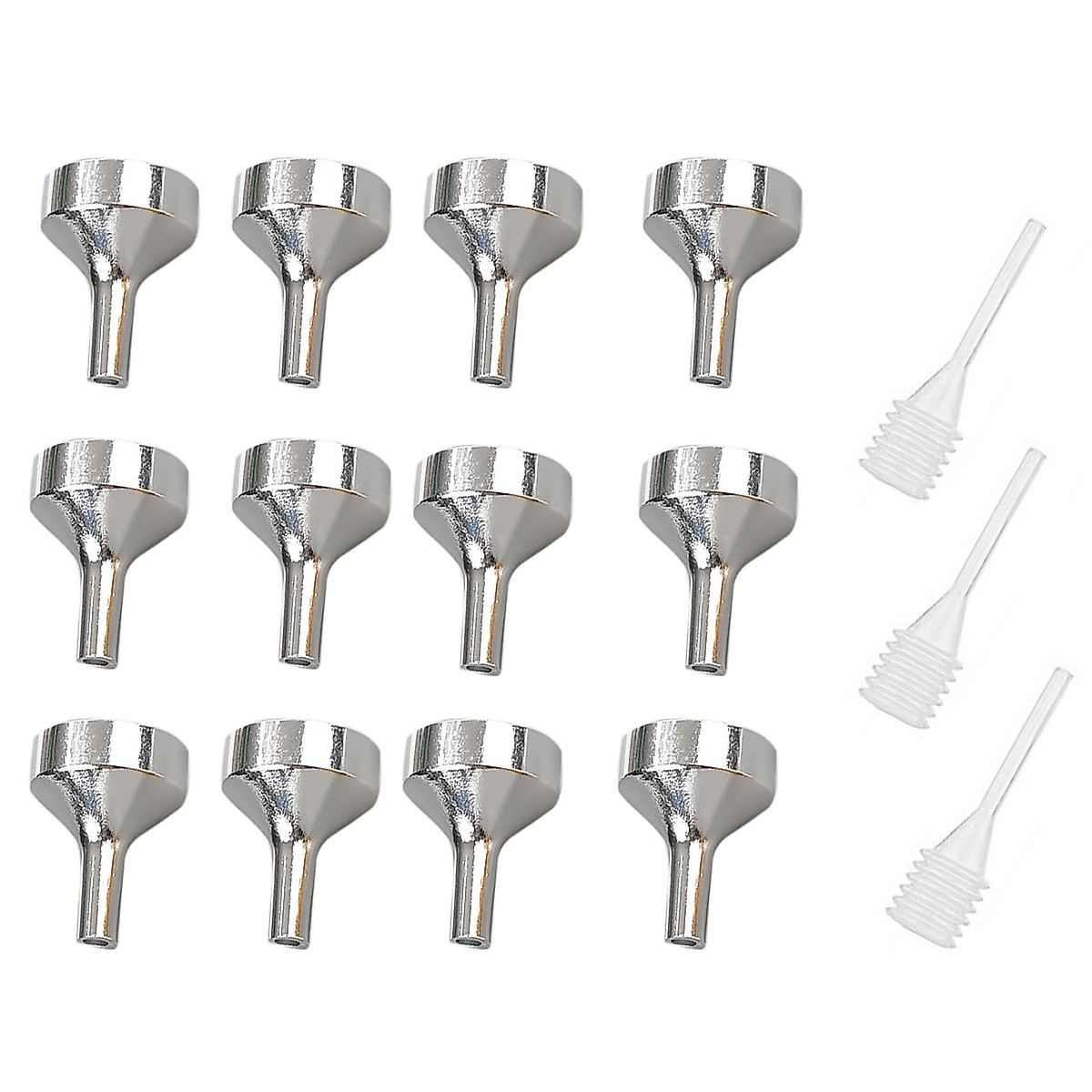 12 Pcs 1.5 Inch x 1 Inch Small Metal Funners with 3 Pcs 2.6 Inch Pipette for Filling Bottle and Containers, Oil and Liquid Tranfer (Silver Funnels 12pcs +3pcs Mini Pipette)