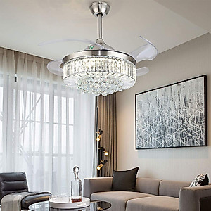 Gdrasuya10 Crystal Ceiling Fan Dimmable Chandelier with Lights and Remote Modern Invisible Retractable LED Fan for Living Room Bedroom Basement Kitchen Garage Decorations -Polished Chrome 42 Inches