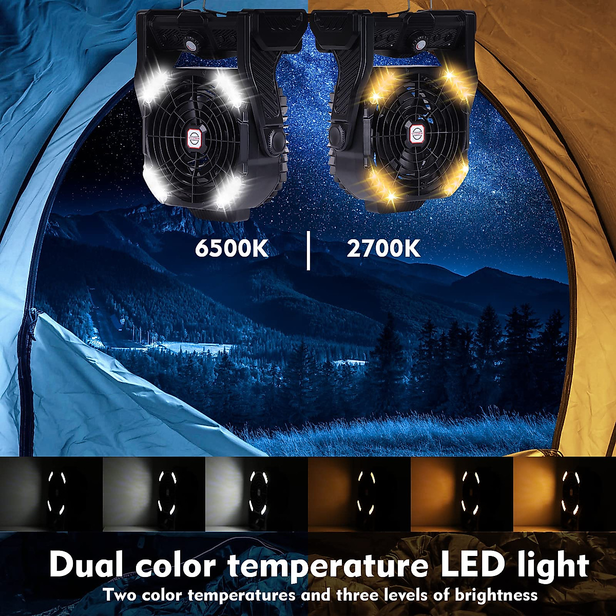 Camping Fan with LED Lantern, Portable Fan Rechargeable Battery Powered Fan for Outdoor Camping Fans, 270°Head Rotation Beach Fan, Quiet Table Fan Battery Operated USB Fan for Tent Picnic Black X26