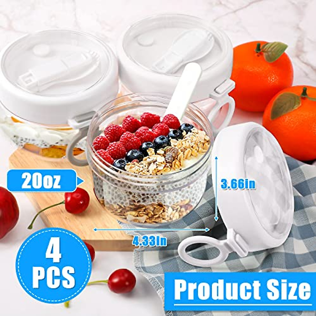 4 Pcs Overnight Oats Container with Lids and Spoons, 20 oz Plastic Overnight Oats Jars Large Capacity Airtight Yogurt Container for Milk, Fruit, Cereal and Salad Storage (White)