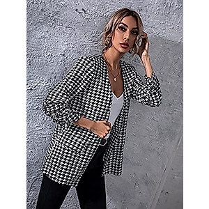Milumia Women's Elegant Open Front Houndstooth Ruched Sleeve Work Blazer Suit Outerwear Black and White X-Small