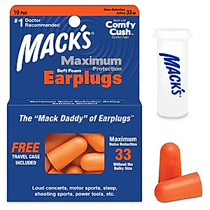 Mack’s Maximum Protection Soft Foam Earplugs – 10 Pair, 33 dB Highest NRR – Comfortable Ear Plugs for Sleeping, Snoring, Loud Concerts, Motorcycles and Power Tools | Made in USA