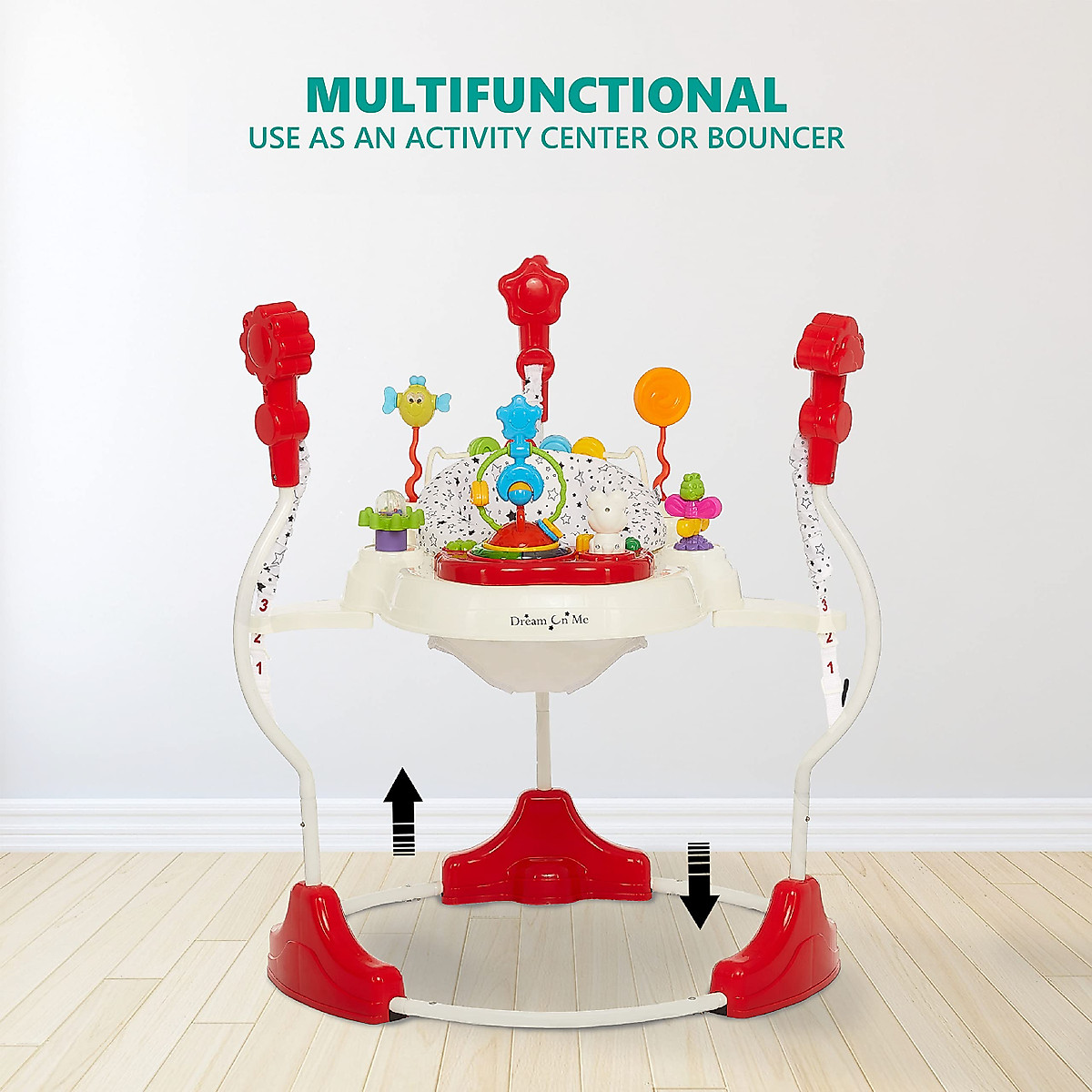 Dream On Me Zany 2-in-1 Baby Activity Center and Bouncer in White and Black Print, Sturdy and Strong Frame, 3 Height Positions, 360° Rotating Seat, 12 Songs with Flash Lights