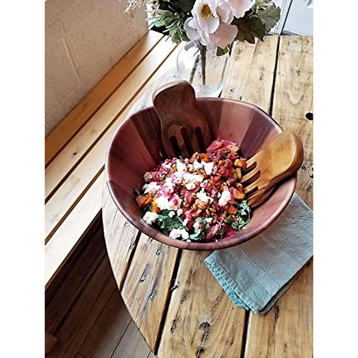 Lipper International Acacia Wave Bowl with Salad Hands,162.31 fluid ounce