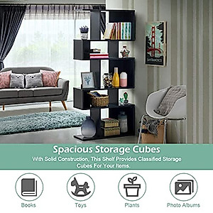 Giantex 5-Tier Geometric Bookshelf Black, 70'' Tall Wood Freestanding Decorative Display Open Shelves with Anti-Tipping Device, Each Shelf Holds up to 44 lbs, Wooden S Shaped Bookcase