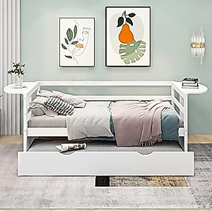 Polibi Twin Size Daybed with Trundle and Foldable Shelves on Both Sides, Wooden Sofa Bed with Wood Frame and Slats, No Spring Box Needed