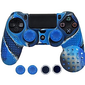 SKINOWN Silicone Case Anti-Slip Protective Grip Cover for PS4 Controller with 4 Thumb Grips(Blue Camo)