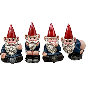 Ebros 4" Tall Badass Naughty Magical Gnome Mooning Figurines Collectible Set of 4 Whimsical Dwarf Gnomes Dwarves Fairy Garden Accessory Decors