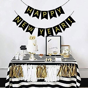 FECEDY Happy New Year Banner Black Bunting with Gold Alphabet for New Year Party Supplier Eve Party Decorations
