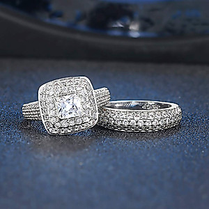 Double Fair 2 Piece Wedding Ring for Women 1 Carat Princess Cut Cubic Zirconia Engagement Promise Bridal silver Band Fashion Cute White Gold Plated Ring Set Gift Jewelry