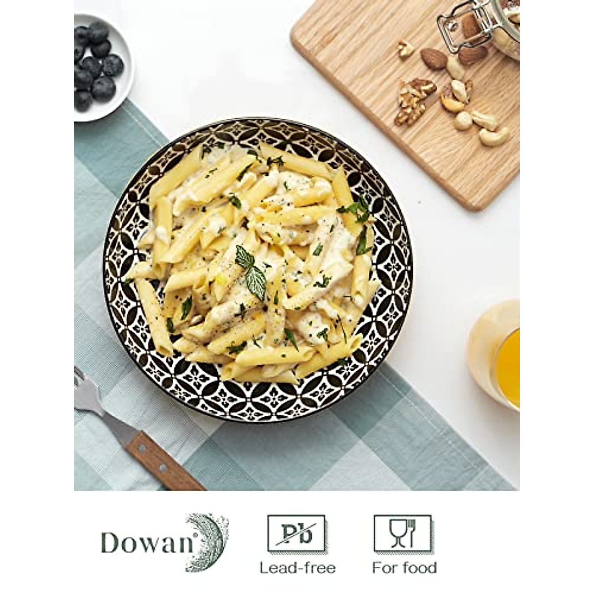 DOWAN Vibrant Pasta Bowls, 8.5'' Large Salad Bowls, 34 Oz Porcelain Pasta Serving Bowl Set of 4, Bowls for Pasta, Salad, Soup, Oatmeal, Mix-match Pattern, Ideal Housewarming Gift