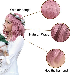 VCKOVCKO Pastel Wavy Wig With Air Bangs Women's Short Bob Purple Pink Wigs Curly Wavy Shoulder Length Pastel Bob Wigs Synthetic Wig for White Women Girls Daily Use Colorful Wigs(12", Purple Pink)